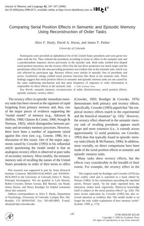 Pdf Comparing Serial Position Effects In Semantic And Episodic Memory
