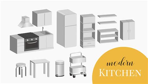 현대적인 가구 선반 찬장 가스레인지 오븐 레인지 후드 냉장고 쓰레기통 테이블 의자 주방 카트가 있는 주방 3차원 형태에 대한 스톡 벡터 아트 및 기타 이미지 Istock