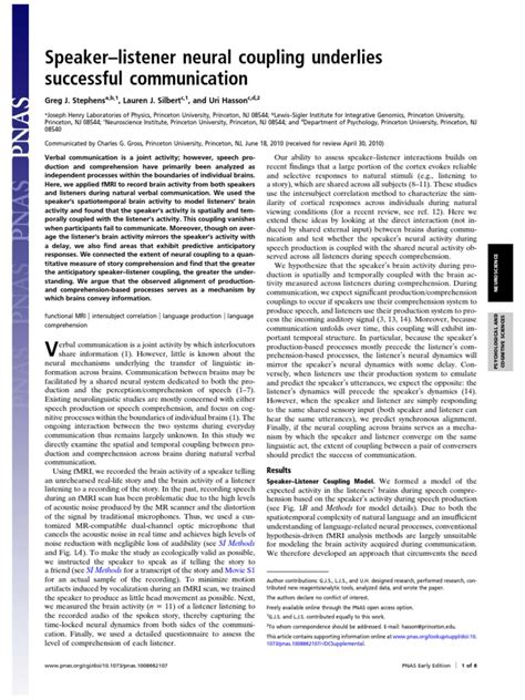 Speaker Listener Neural Coupling Underlies Successful Communication Pdf Functional Magnetic