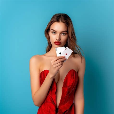A Woman In A Red Dress Holding A Card On Blue Background Generated Ai