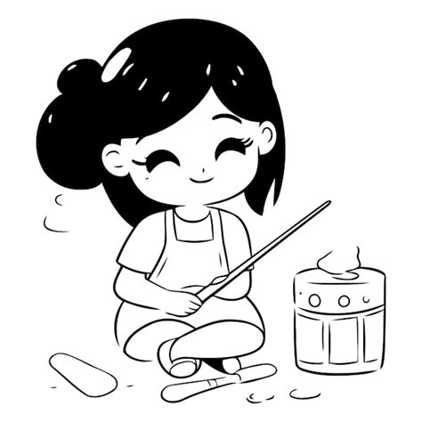 바닥에 그림을 그리는 귀여운 어린 소녀 터 만화 일러스트레이션 프리미엄 Ai 생성 벡터