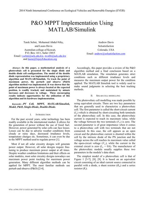 PDF P O MPPT Implementation Using MATLAB Simulink