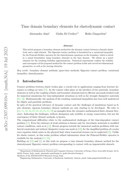 Pdf Time Domain Boundary Elements For Elastodynamic Contact