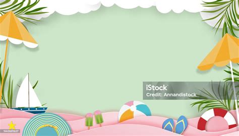 분홍색 파도 레이어와 복사 공간이 있는 해변 휴가 테마가 있는 여름 배경 벡터 상위 뷰 바다 해변 종이 컷 열대 여름 디자인 야자수 잎과 구름 녹색 민트 하늘 배경 여름에