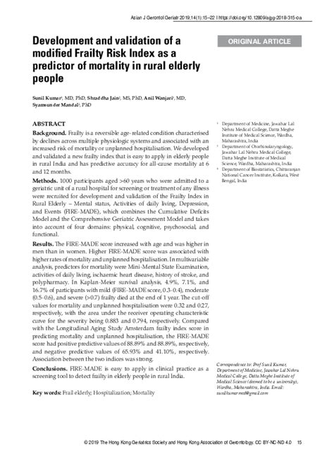 Pdf Development And Validation Of A Modified Frailty Risk Index As A Predictor Of Mortality In