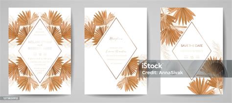 드라이 팜 열대 잎 결혼식 초대 수채화 팜파 잔디 간단한 카드 세트 최소한의 템플릿 벡터 식물 저장 날짜 황금 단풍 프레임 현대