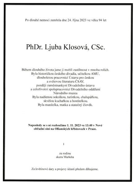 Zemřela Ljuba Klosová Divadelní Noviny