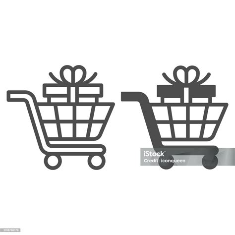 묶인 리본 활 선물 상자 카트 라인과 솔리드 아이콘 쇼핑 트롤리 개념 벡터 그래픽 상점 상점 할인 카트 기호 흰색 배경 개요 스타일 아이콘 모바일 또는 웹 디자인 0명에