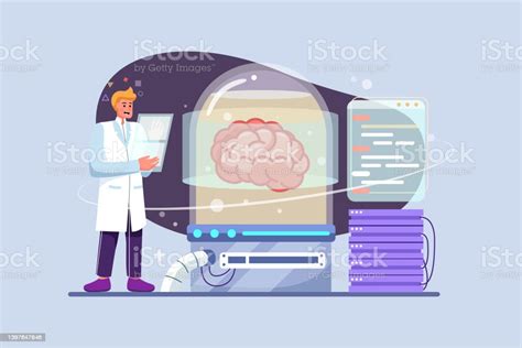 컨트롤 패널에 서서 네트워크에 연결된 유리 포드에서 두뇌를 프로그래밍하는 한 남자 개발에 대한 스톡 벡터 아트 및 기타 이미지 개발 공장 산업 건물 공학 Istock