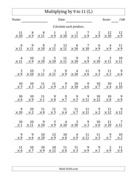 100 Vertical Questions Multiplication Facts 9 11 By 1 12 L