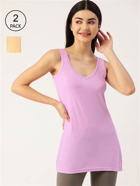 Buy Lady Lyka Women Pack Of 2 Purple And Nude Coloured Solid Cotton Longline Camisoles Camisoles