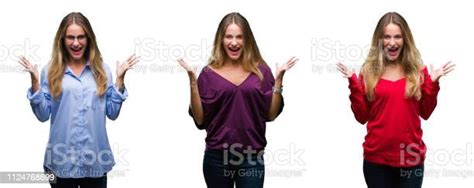 젊은 아름 다운 금발 여 자가 고립 된 배경 위에 미친 축 하와 성공에 대 한 깜짝 놀라게 하 고 열린 눈이 흥분 비명의 콜라주 우승자 컨셉 구도에 대한 스톡 사진 및 기타