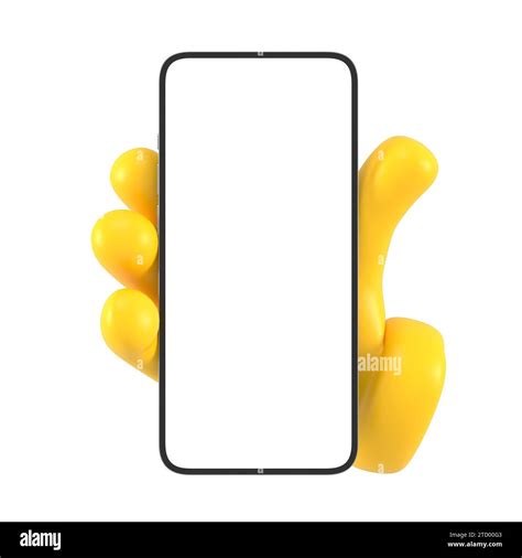 Yellow Emoji Hand Holding Smartphone With White Screen Isolated Using