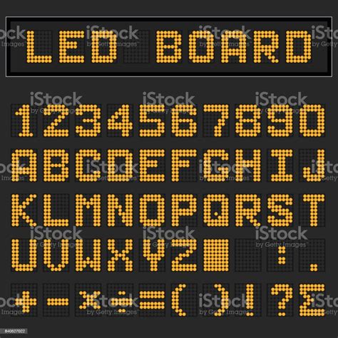 오렌지 Led 디지털 영어 대문자 글꼴 숫자와 수학 기호 표시 검은 배경에 점수판에 대한 스톡 벡터 아트 및 기타 이미지 점수판 컴퓨터 글자 스포츠 훈련 Istock