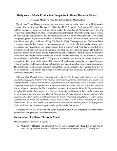 Pdf Hollywoods Movie Production Companies In Game Theoretic Model Formulation Of A Game