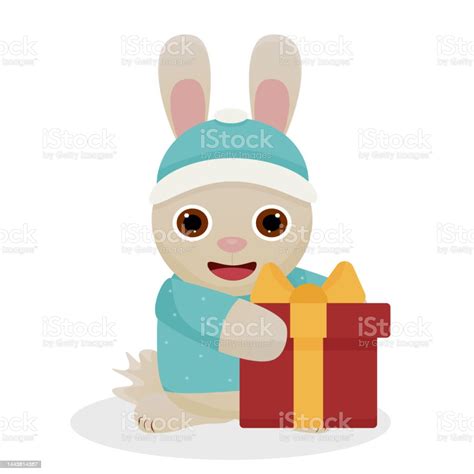 파란색 스웨터와 모자를 쓴 귀여운 벡터 토끼가 선물을 들고 있다 메리 크리스마스 선물 상자입니다 겨울에 대한 스톡 벡터 아트 및 기타 이미지 Istock