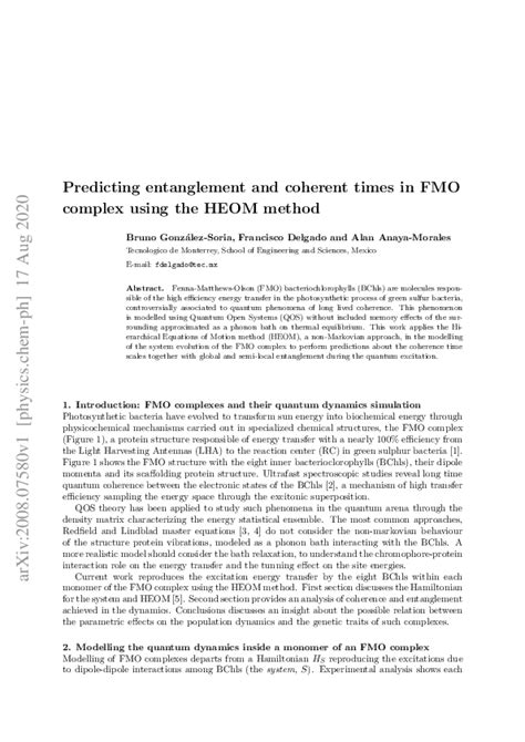 pdf predicting entanglement and coherent times in fmo complex using