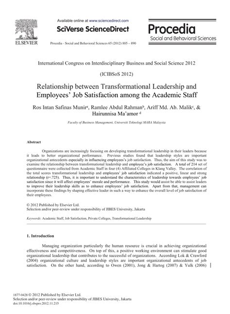 Pdf Relationship Between Transformational Leadership And Employees Job Satisfaction Among The