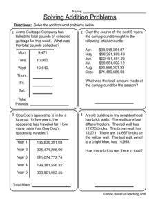 Three Addends To Millions Addition Word Problems Worksheet Have Fun Teaching