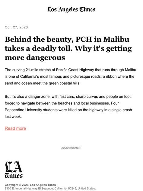 Los Angeles Times Why Pch In Malibu Is Getting More Dangerous Milled