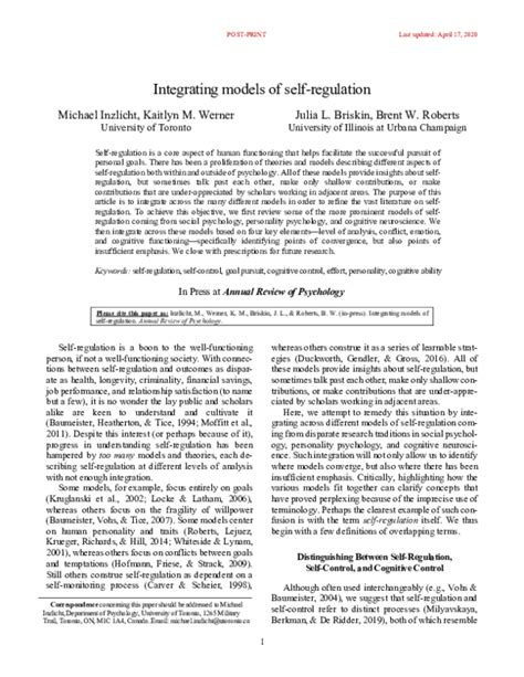 Pdf Integrating Models Of Self Regulation