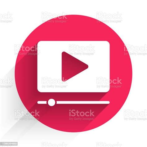 화이트 온라인 긴 그림자로 격리 된 비디오 아이콘을 재생합니다 플레이 사인이있는 필름 스트립 빨간색 원 버튼입니다 벡터 일러스트레이션 영화에 대한 스톡 벡터 아트 및 기타