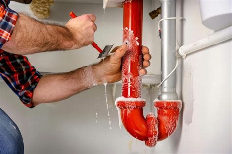 Premium Photo Man Fixing Red Pipe In Bathroom