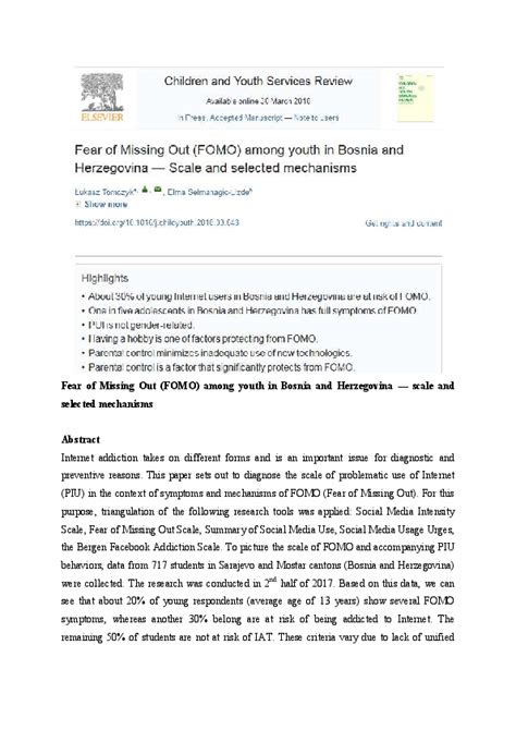 Pdf Fear Of Missing Out Fomo Among Youth In Bosnia And Herzegovina — Scale And Selected