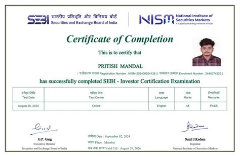 Completed Sebi Investors Nism Certificate Pritish Mandal Posted On