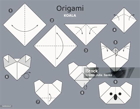 튜토리얼 코알라 종이 접기 계획 회색 배경에 고립된 종이접기 요소 아이들을위한 종이 접기 종이 접기 코알라를 만드는 방법을
