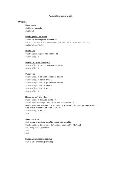 Networking Commands List Networking Commands Week Exec Mode Switch Enable Switch Studocu