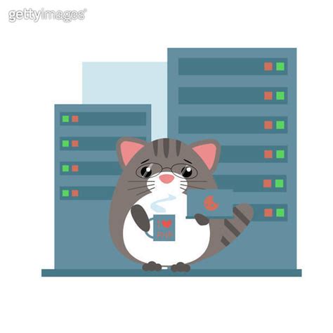 Anthropomorphic Gray Cat Programmer Standing With Computer And Coffee In Server Room Cute