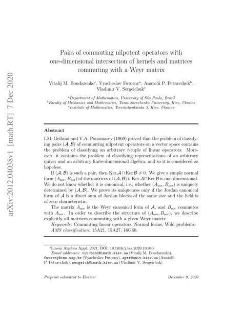 Pdf Pairs Of Commuting Nilpotent Operators With One Dimensional Intersection Of Kernels And