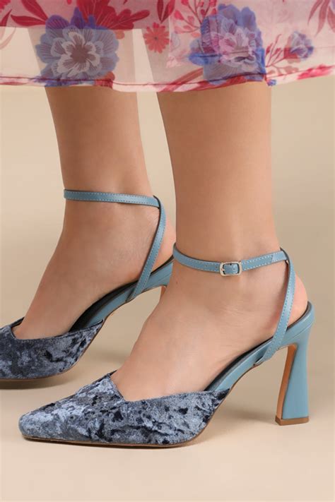 Blue High Heels Crushed Velvet Heels Ankle Wrap High Heels Lulus