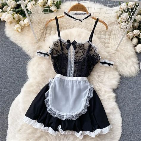 Sexy Maid Cosplay Uniform Lace Patchwork Women S Dress Backless Transparent Mini Skirt Apron
