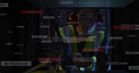 Image Of Falling Icons And Network Of Connections Over Biracial Male Server Room Worker Stock