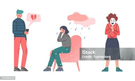 비오는 구름과 마스크 벡터 세트로 심리적 문제와 정신 장애로 고통받는 소년과 소녀 십대 감정에 대한 스톡 벡터 아트 및 기타