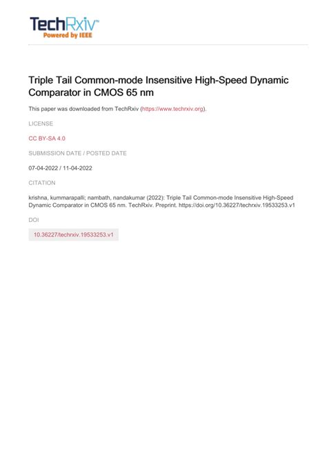 Pdf Triple Tail Common Mode Insensitive High Speed Dynamic Comparator In Cmos 65 Nm