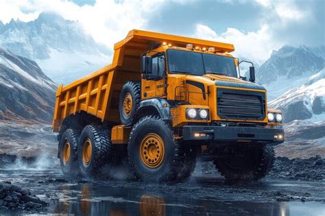 Yellow Big Truck Driver Operating Coal Hauler At Open Pit Mining Site