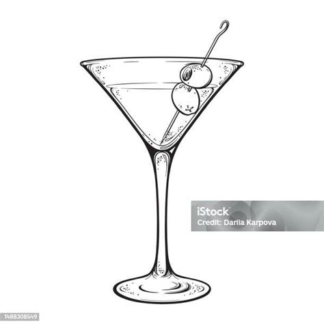 흰색 배경에 분리된 유리에 올리브 알코올 칵테일을 넣은 마티니는 손으로 그린 빈티지 스타일의 라인 아트 벡터 일러스트레이션입니다 마티니에 대한 스톡 벡터 아트 및 기타
