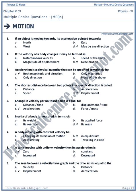 Practical Centre Motion Mcqs Physics Xi