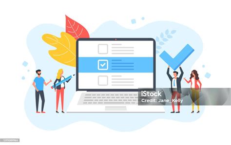 점검 표 화면에 체크 리스트가있는 사람과 노트북 그룹 온라인 설문 조사 완료 작업 할 일 목록 성공 퀴즈 테스트 완료 웹 사이트에 양식을 작성 설문지 개념 현대적인 평면