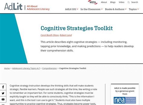 Ad Cognitive Strategies Toolkit Article For 9th 10th Grade