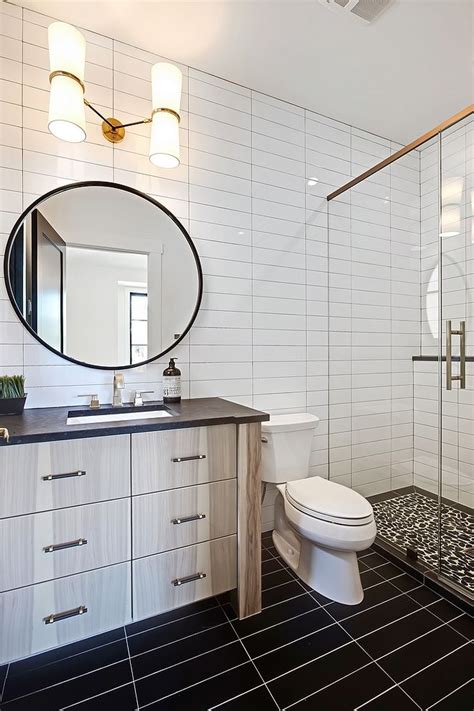 Bathroom With 4x16 White Subway Tile In A Horizontal Stack Pattern On