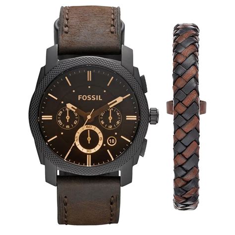 Fossil Fs5251set Machine Chronograph Dark Brown Leather Mens Watch And Bracelet Box Set Jomla Ae