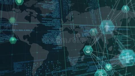 Animation Of Network With Icons Over World Map Stock Video Video Of Data Montage 296314141