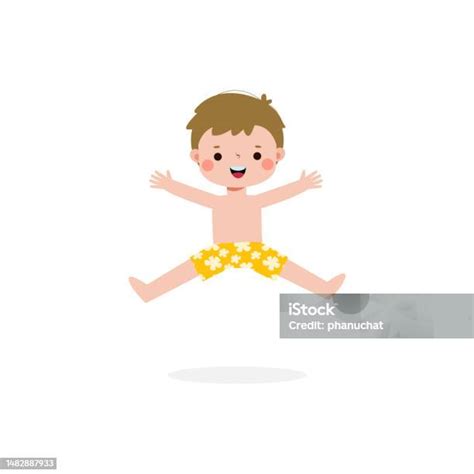 여름 방학에 수영복을 입고 물 속으로 뛰어드는 아이 귀여운 아이 만화 수영장 파티 캐릭터 해변에서 외딴 흰색 배경에서 휴가를