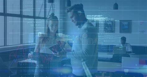 Image Of Data Processing And Diagrams Over Caucasian Colleagues Talking And Using Tablet Stock