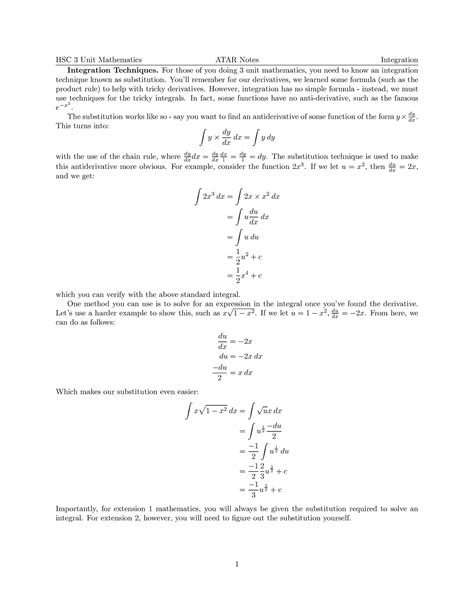 Integration Techniques Hsc 3 Unit Mathematics Atar Notes Integration