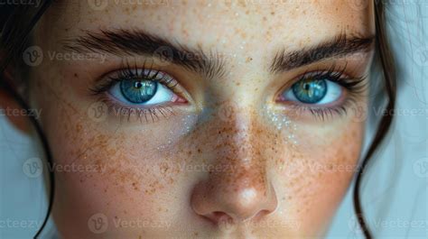Close Up Portrait Featuring Blue Eyes And Freckled Skin 69351980 Stock